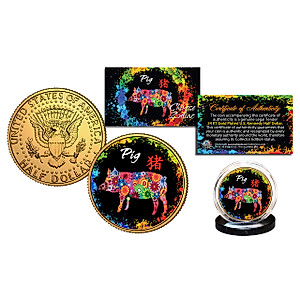 Chinese Zodiac Polychrome Genuine JFK Half Dollar 24K Gold Plated Coin - Pig