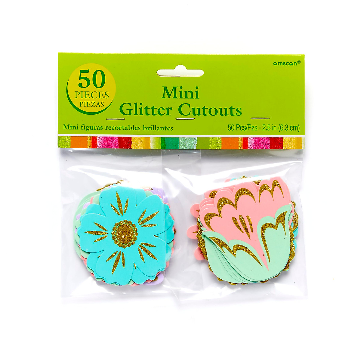 amscan 190649 Spring Super Value Mini Glitter Cutouts, 50 Ct, Multicolor, 2 1/2"