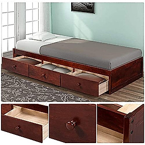 Hooseng Twin Size Platform Storage Bed with 3 Drawers,No Box Spring Needed, Brown Cherry