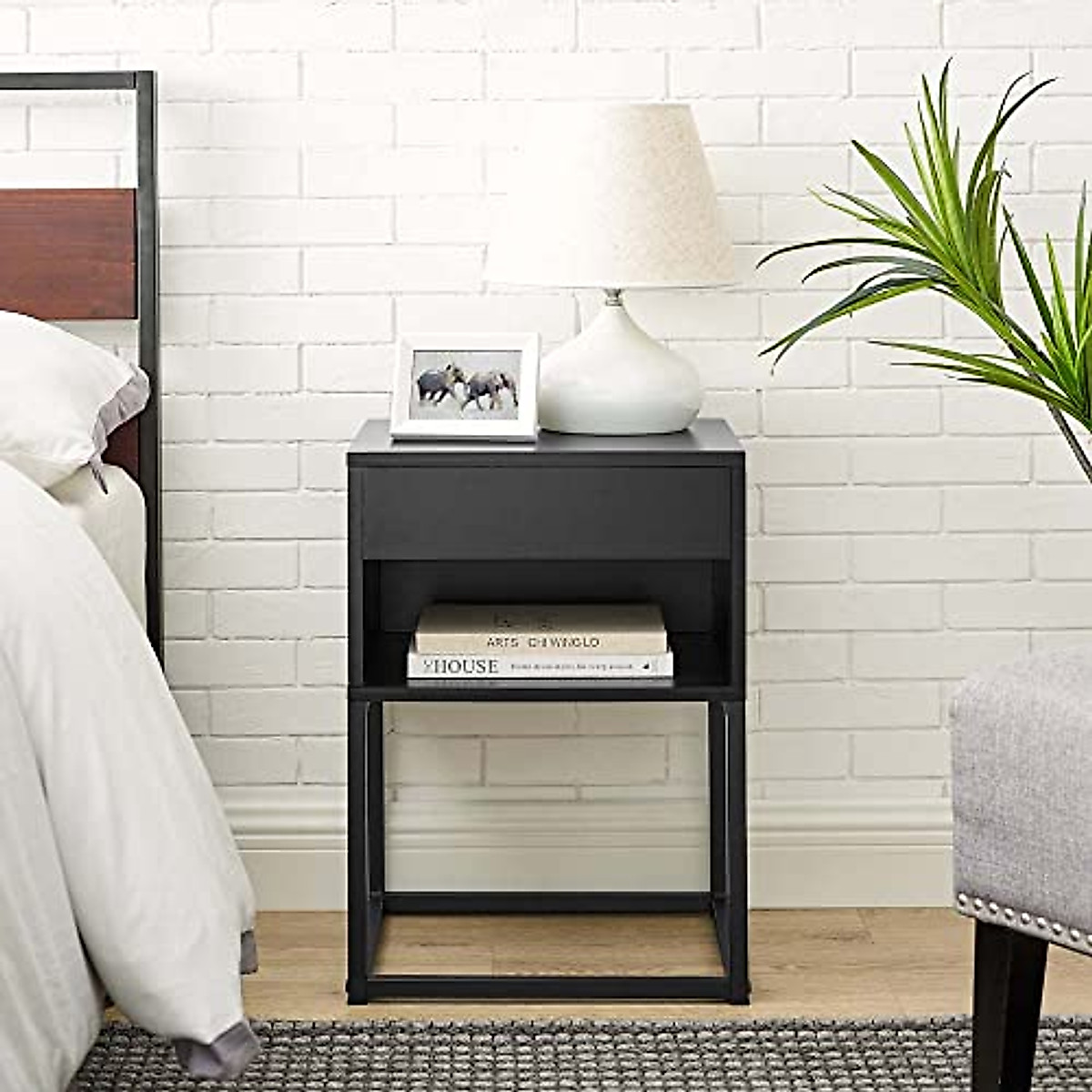 MUSEHOMEINC Simple End Table with Drawer and Shelf for Any Room,Nightstand,Metal Leg Design (Black)