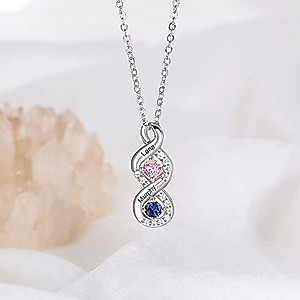 GLAMCARAT Sterling silver personalized infinity necklace,mothers necklace with 2 birthstone customized engraved initial jewelry 2 child names promise necklace