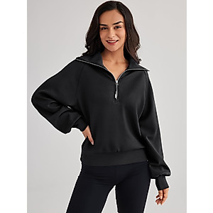 Trendy Queen Womens Oversized Sweatshirts Half Zip Pullover Long Sleeve Quarter Zip Hoodies Teen Girls Fall Y2K Clothes Black L