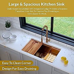 STRICTLY SINKS 32” Gold Work Station Kitchen Sink Undermount Accessory Shelf Single Bowl Square Drain Stainless Steel 90 Degree Radius 16 Gauge–With Single Square Disposal Adapter