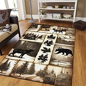 EXINBU Cabin Area Rug, 3x4ft, Rustic Wildlife Bear Deer Farmhouse Rug, Vintage Distressed Botanical Anti-Slip Rug, Machine Washable Durable Indoor Rug for Living Room Bedroom Bedside