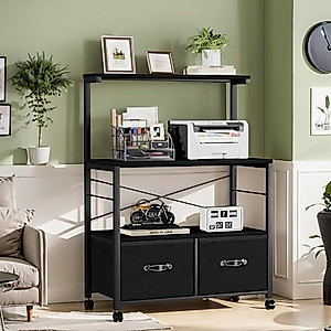 VECELO Lateral File Cabinet with 3 Shelf, 2 Drawer File-Cabinet on Brakeable Wheels, Large Printer Stand with Open Storage Shelf fits Letter Size for Home Office, Black