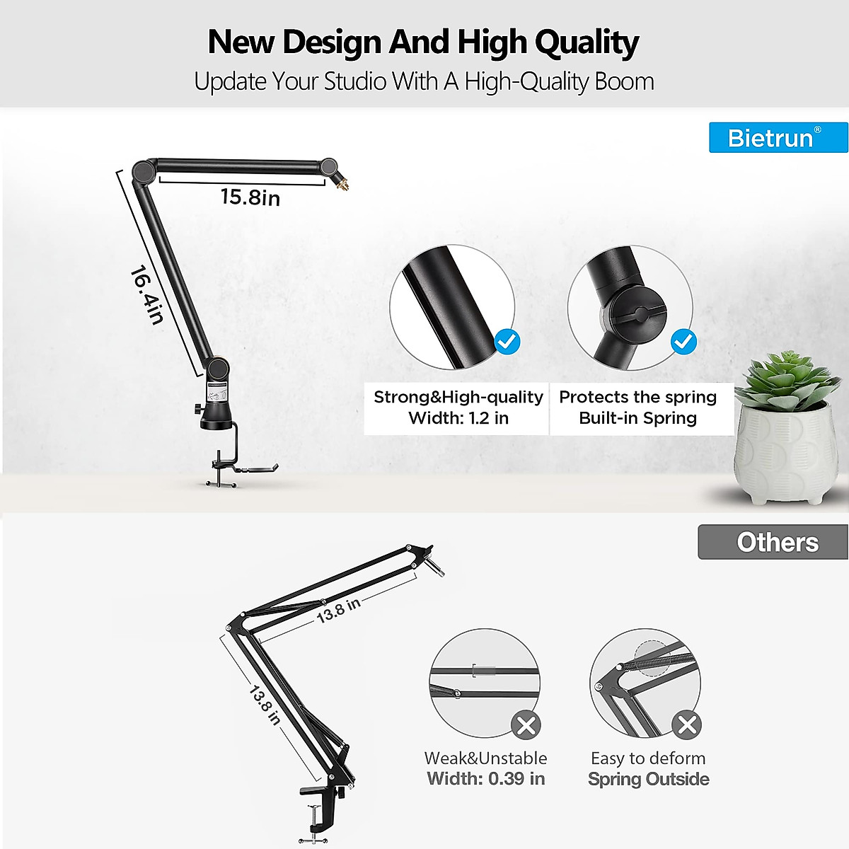 Bietrun Mic Arm Desk Mount(Longer)for Shure SM7B/MV7/Blue Yeti/Nano/Hyperx Quadcast, Adjustable 360° Rotatable Universal Heavy Duty Metal Mic Arm with 3/8" to 5/8" Adapter, Cable Trough, Headset Hook