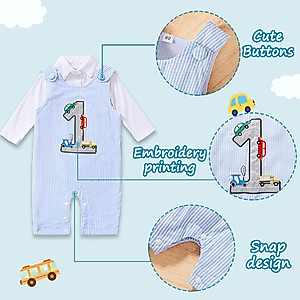 XIFAMNIY Preemie Baby Boy embroidered 1st Birthday Outfit 2Pacs Striped One-Piece Long Sleeve Cotton Romper Summer Jumpsuit Cake Smash Clothes
