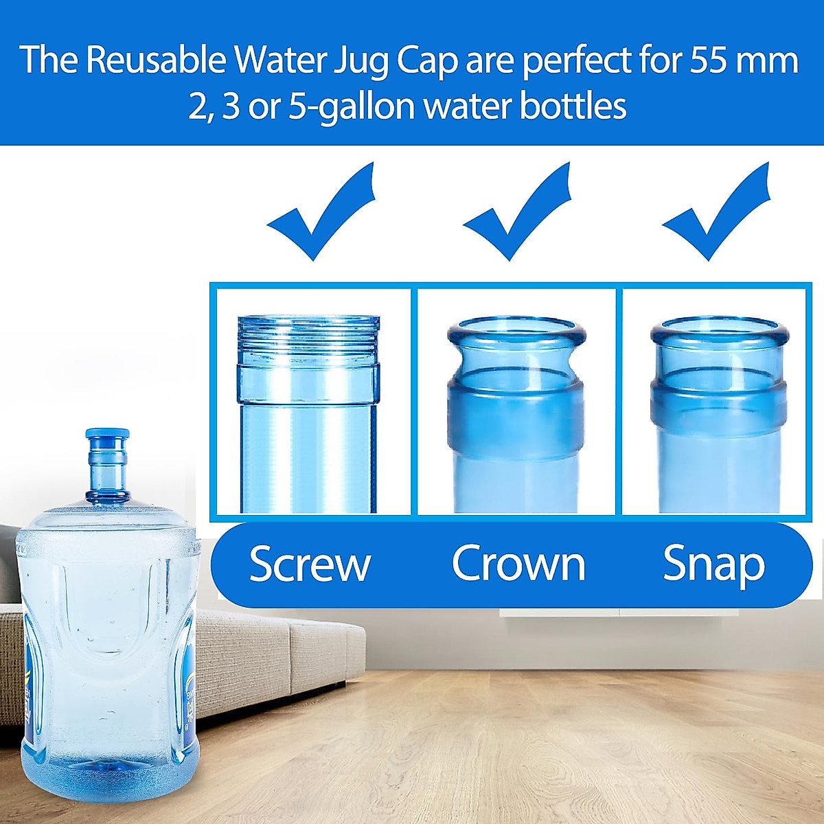 5 Gallon Water Jug Cap Reusable - Non-Spill 55mm Water Bottle Caps,Silicone Replacement Cap Lids Anti Splash 6 Pack