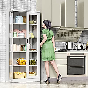 LISSIMO Tall Bookcase Storage Cabinet with Tempered Glass Door,Metal Glass Display Cabinet with 4 Adjustable Shelves,5-Tier Curio Cabinet for Home, Study, Living Room and Office (White)