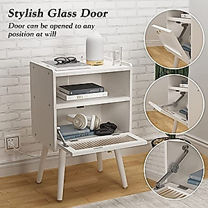 SOOWERY Mid Century Modern Nightstand with Charging Station, Bedside Tables with Glass Decorative Door, End Table Side Table with 2 Tiers Storage Space, for Bedroom, Living Room, White