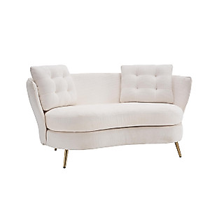 RENDGO Velvet Loveseat Sofa, 64.2'' Mid Modern Small Love Seats with 2 Pillows & Golden Legs Comfy Couch for Living Room, Upholstered 2 Seater Sofa for Small Apartment (White)