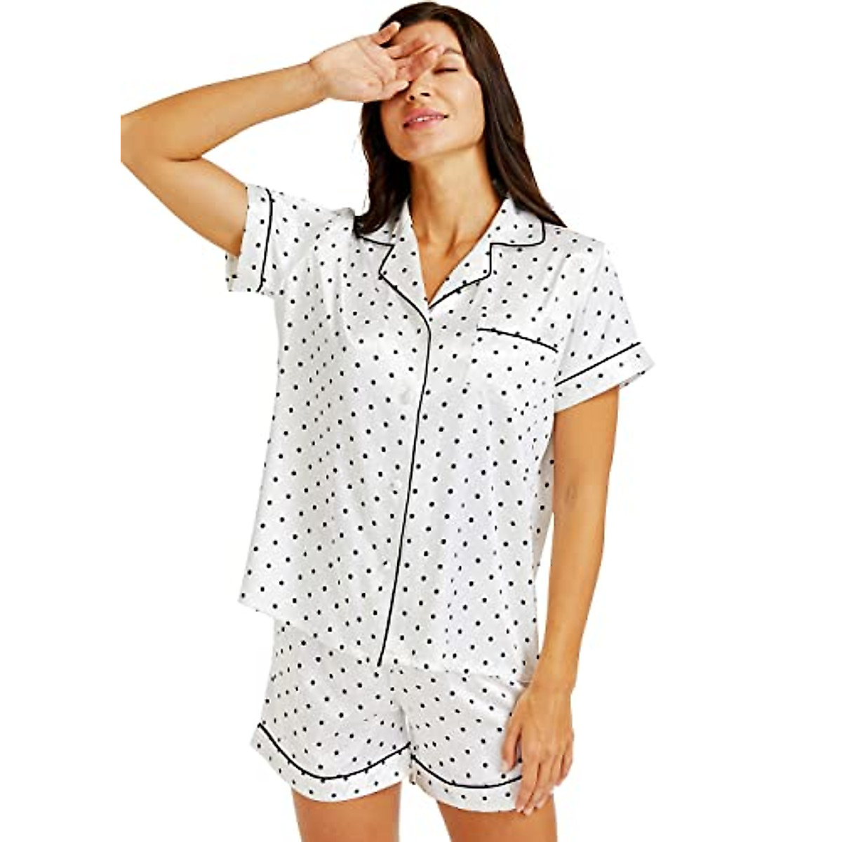 Lonxu Womens Satin Pajamas Set White Polka Dot L