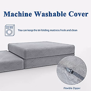 SINWEEK Full Tri Folding Mattress with Storage Bag Foam Topper 4" Thickness Floor Cot Mattress, Guset Bed with Removable&Machine Washable Cover and Lining, CertiPUR-US Certified, Full 54 x 75 Inch