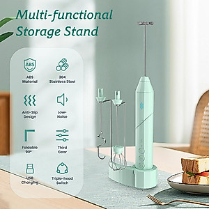 Milk Frother Handheld, USB-C Rechargeable Coffee Frother Wand, Electric drink mixer with Charging Base&3 Heads,3 Speeds Adjustable, Electric Whisk Drink Mixer Handheld with Stand for Coffee,Egg Green