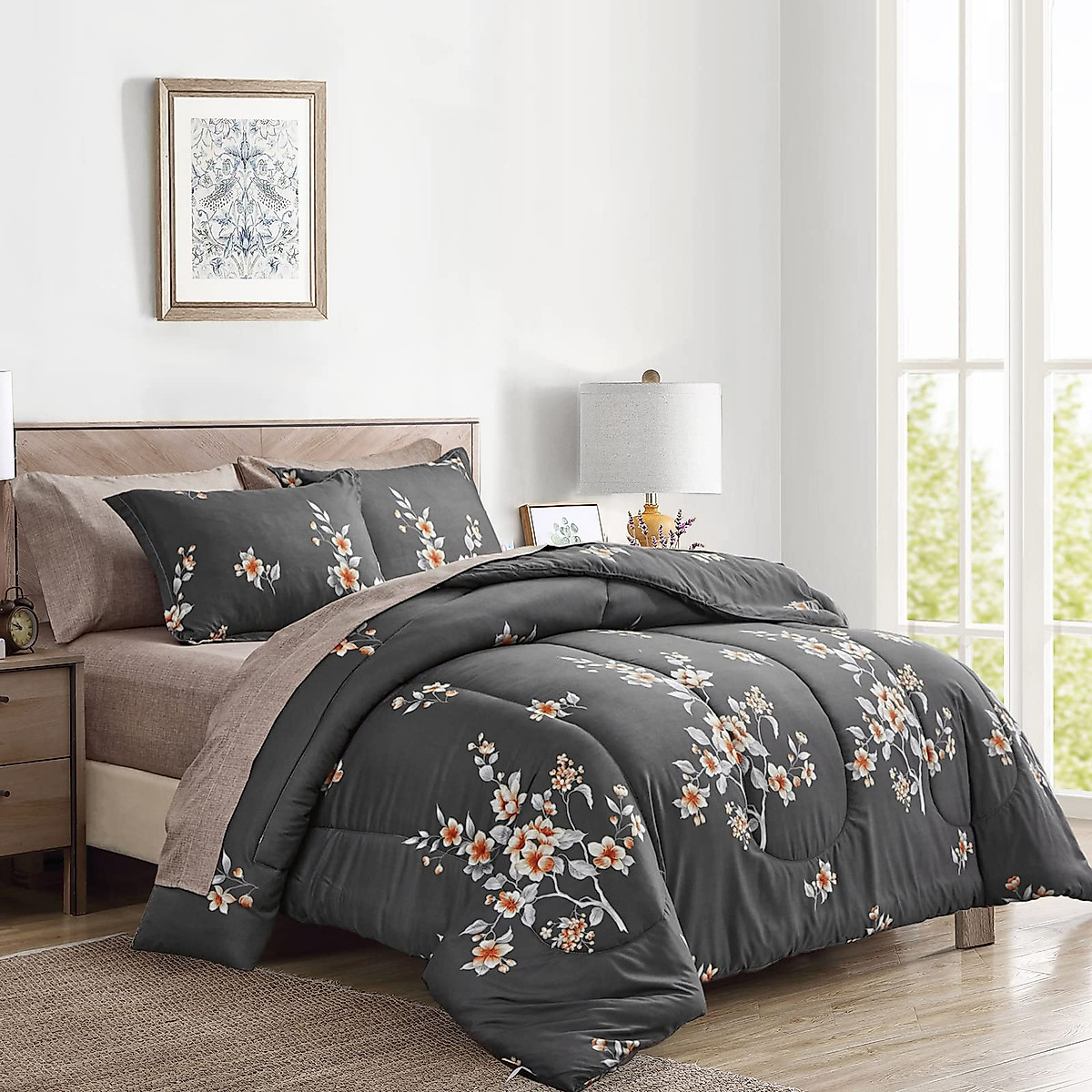 7 Pieces Bed in a Bag Queen Comforter Set with Sheets, Dark Grey Floral Design Soft Microfiber Bedding Sets for All Season (1 Comforter, 2 Pillow Shams, 1 Flat Sheet, 1 Fitted Sheet, 2 Pillowcases)