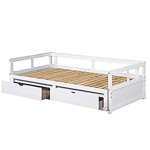 Wooden Daybed Extendable Bed with Two Storage Drawers, Sofa Bed for Bedroom Living Room, Twin/King Size (White with Drawers)