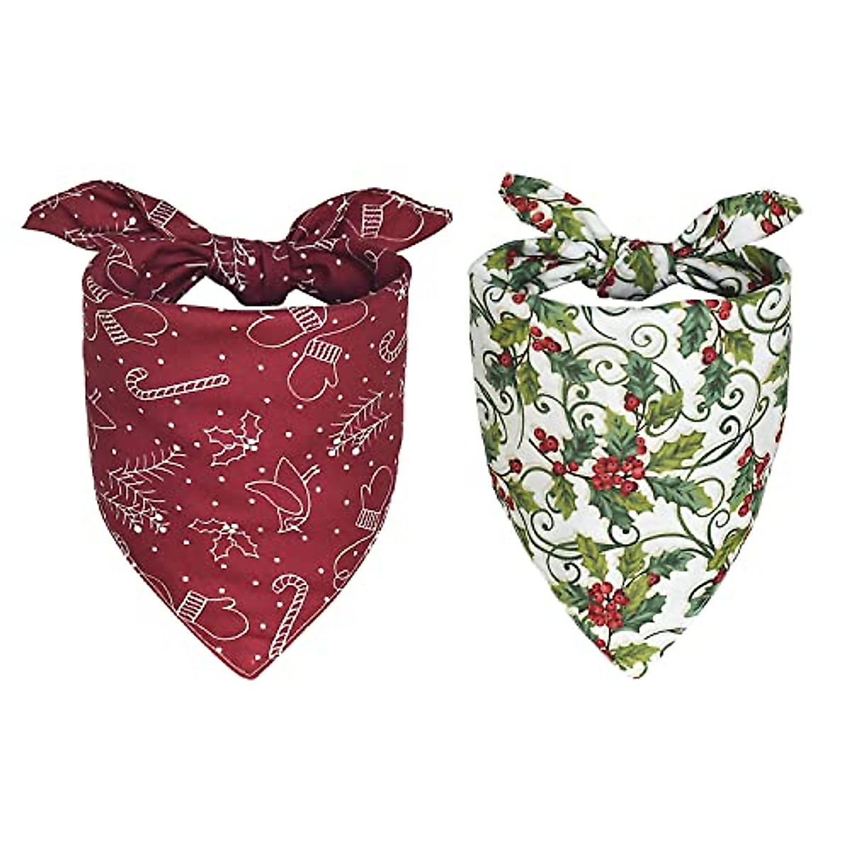AVOIN colorlife Christmas Holly Red Berries Pet Bandana 2 Pcs, Adjustable Candy Cane Gloves Holiday Party Triangle Reversible Dog Cat Scarf for Small Medium Large Dogs