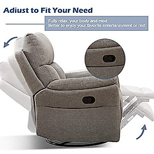 ANJ Swivel Rocker Recliner Chair, Manual Fabric Glider Nursery Recliner Chair, Single Rocking Modern Sofa Home Theater Seating for Living Room, Nursery (Silver)
