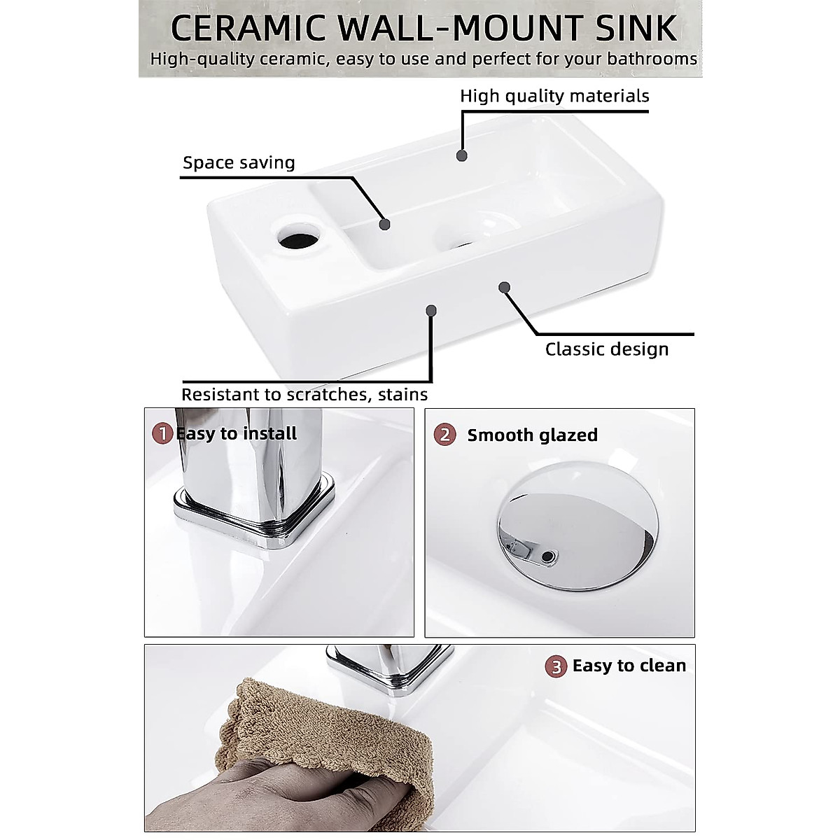 QUXIJA Ceramic Liberty Wall Mount Sink, Rectangle Small Bathroom Sink,Classic Look and Save Space,Right/Left Hand (Left Hand)