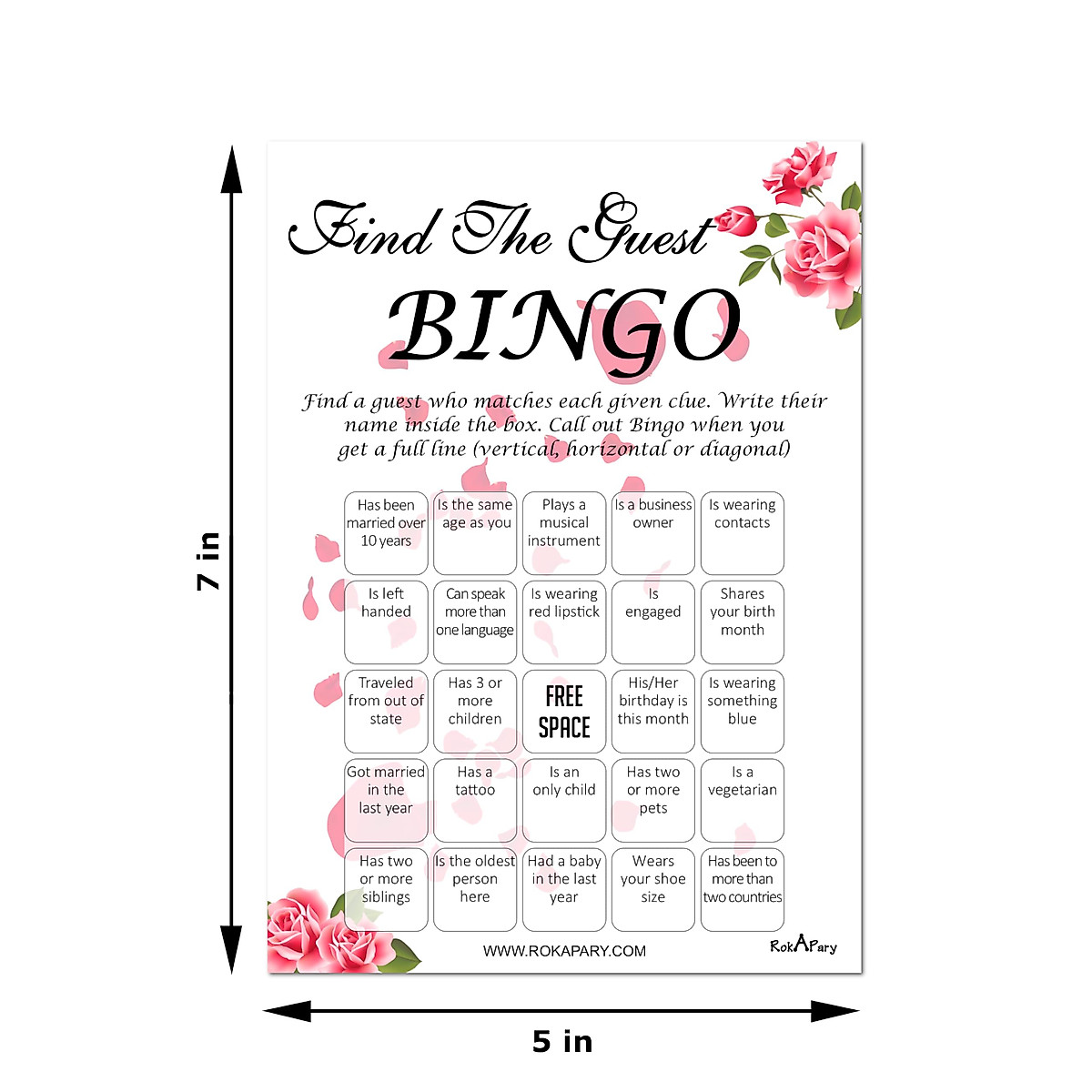 Floral Roses Find The Guest Bingo Game, Wedding, Bridal Shower, Bachelorette or Engagement Party Game, Event Activities Play Pack of 50 Cards 5”x7” Made in USA