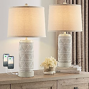 RORIANO Set of 2 Rustic Touch Ceramic Table Lamps for Living Room, 3 Way Dimmable with Dual USB Ports Bedroom Nightstand Lamp, Linen Fabric Shade Bedside Accent Desk Lamps, LED Bulb Included