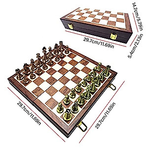 Large Metal Deluxe Chess Retro Copper Plated Alloy Chess Adult Set Board Game Portable Wooden Box Storage Folding, 2 Players Chess Set