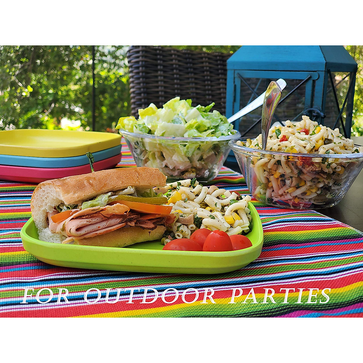 1 Click Bamboo Kids Plates, (4 Color Set), Stackable, Reusable, Deep sides for Easy Kids, Toddlers and Big Kids Feeding, Dishwasher Safe, Bamboo Dinnerware Set