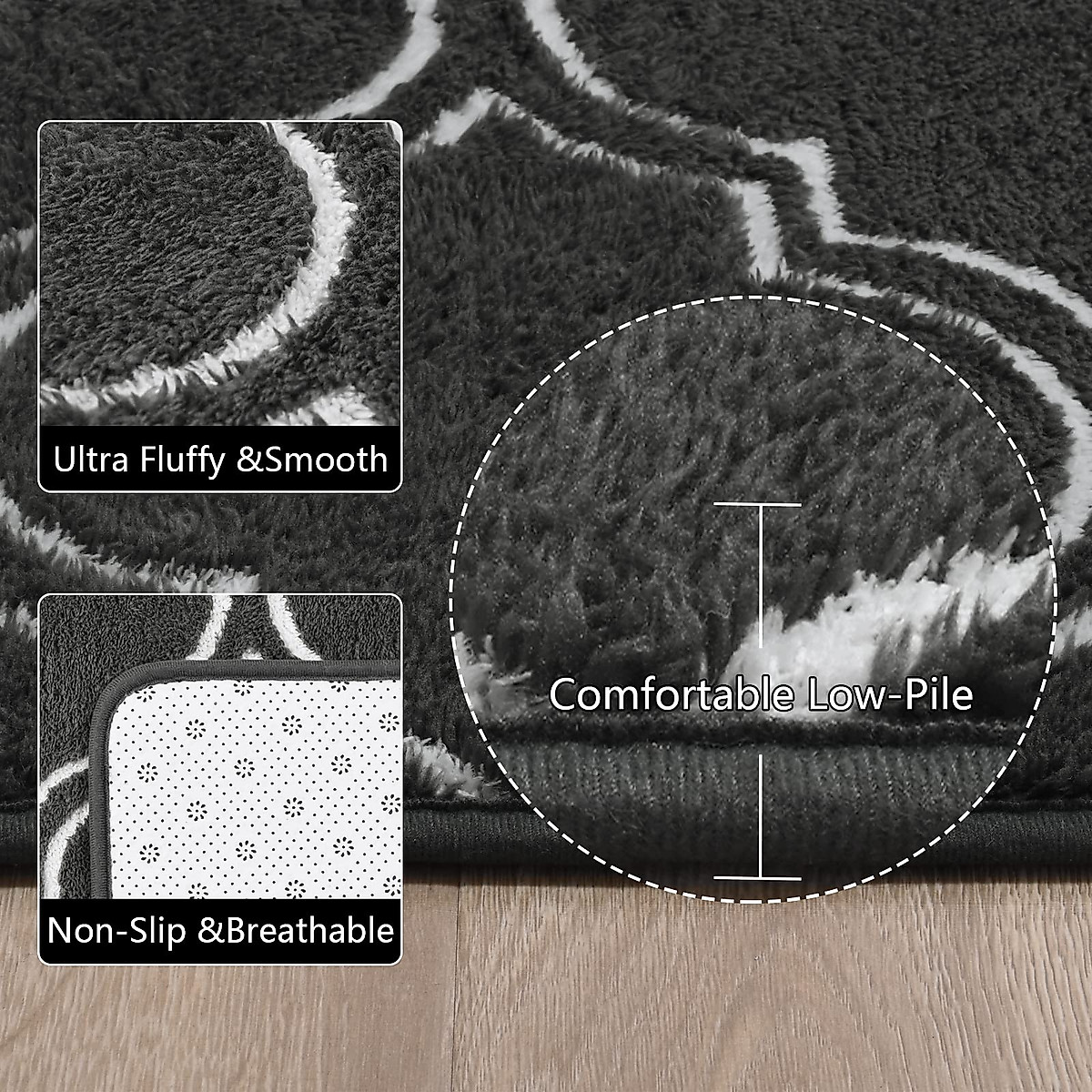 Amearea Fluffy Indoor Trellis Rug, Soft Moroccan Home Rugs for Bedroom, Shag Modern Area Rug for Living Room Kids Room Nursery, Easy Clean, Geometry Home Decor Low Pile Carpet, Dark Grey 4x6 Feet