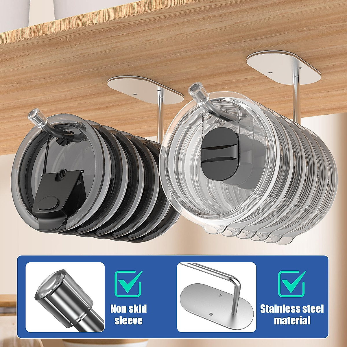 FOURHARVEST Tumbler Lid Organizer 2 Pack,Space Saving Cup Lid Hook for Simple Modern Cup Lids,Lid Storage Rack Used in Kitchen Storage Cabinet Inside Or Under (Silver)