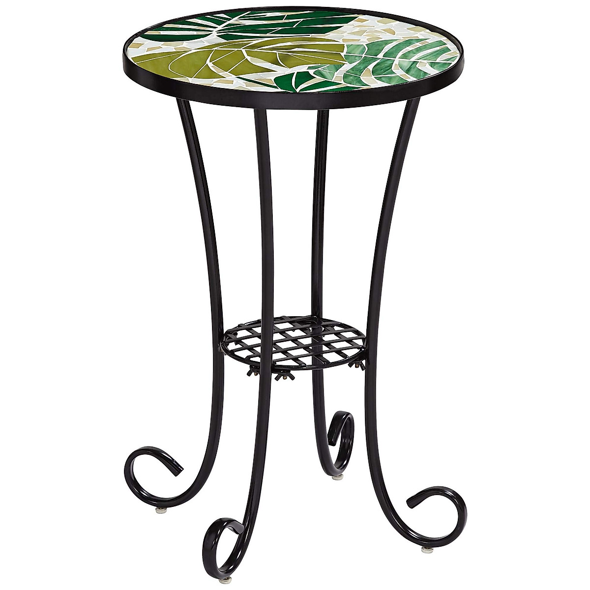 Teal Island Designs Tropical Leaves Black Metal Round Outdoor Accent Side Table 14" Wide Green Mosaic Tabletop Gracefully Curved Legs for Spaces Front Porch Patio Home House Balcony Deck Shed Yard