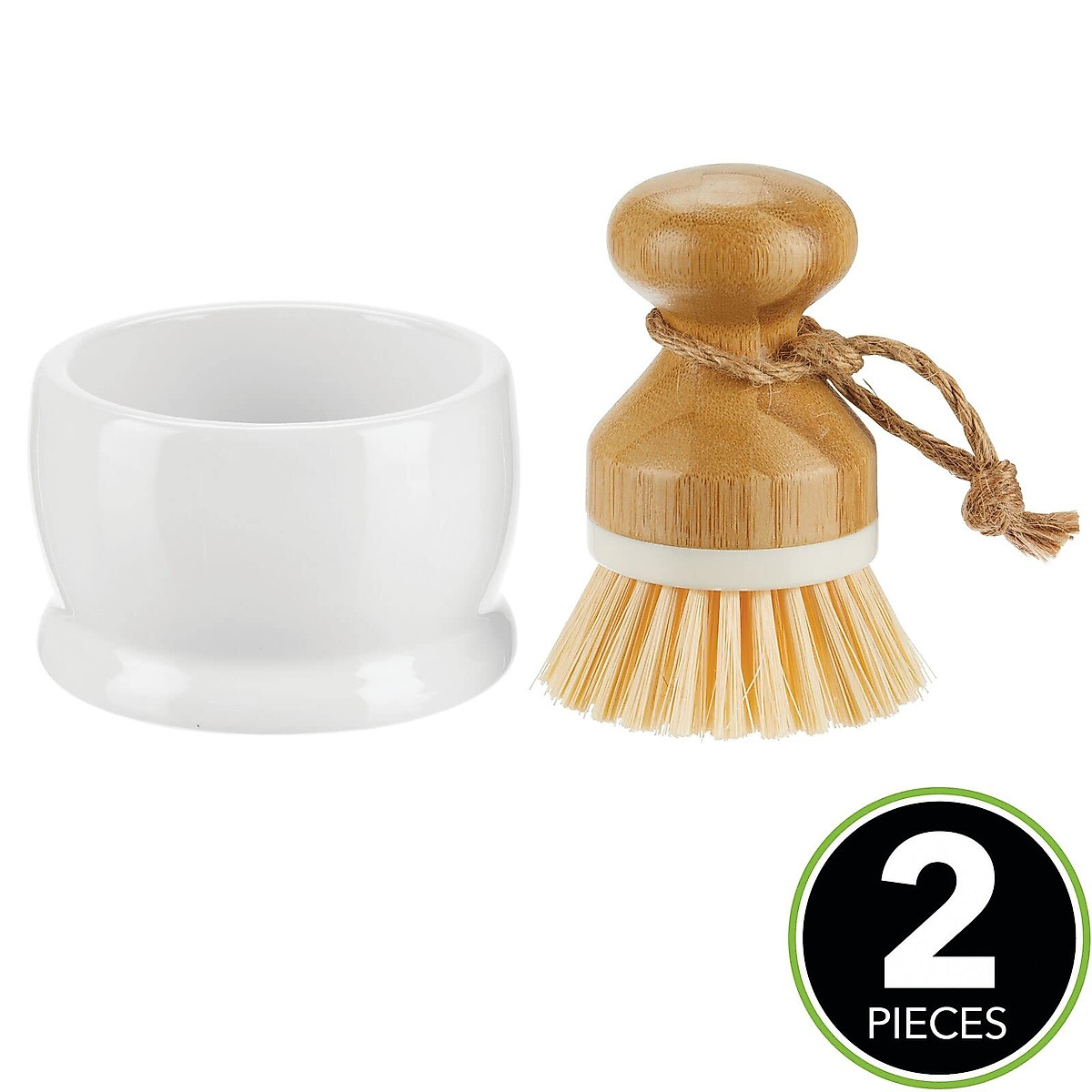 mDesign Bamboo Wood Round Mini Palm Scrub Brush with Holder for Kitchen Sink, Bathroom, Household Cleaning - Wash Dishes, Pots, Pans, Vegetables - Echo Collection - White/Natural