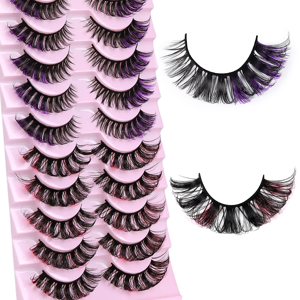 Colored Eyelashes D Curl False Eyelashes with Color Fluffy Wispy Fake Eyelashes Colored Lashes Strips 10 Pairs 2 Styles Cat Eye Lashes Pack by Zenotti (Pink & Purple)