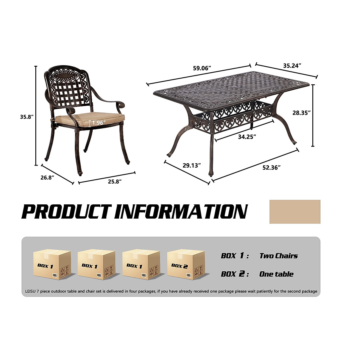 TITIMO 7-Piece Outdoor Furniture Dining Set, All-Weather Cast Aluminum Conversation Set Includes 1 Rectangular Table and 6 Chairs with Khaki Cushions and Umbrella Hole for Patio Garden Deck