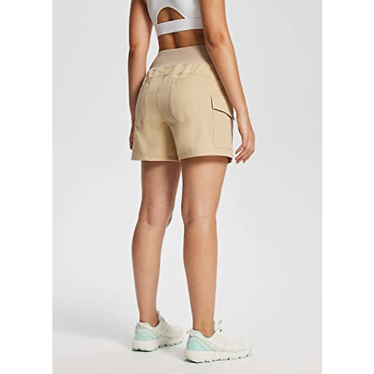 BALEAF Women's 5" Athletic Shorts High Waisted Quick Dry with Cargo Pockets Hiking Climbing Summer Shorts-Khaki-L