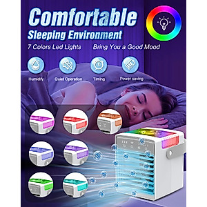 Portable Air Conditioners, 3 Wind Speeds & 7 LED Lights Evaporative Personal Air Cooler, 4 in 1 Portable AC with 300ml Large Water Tank, Mini Air Conditioner for Bedroom/Car/Home/Camping/Room