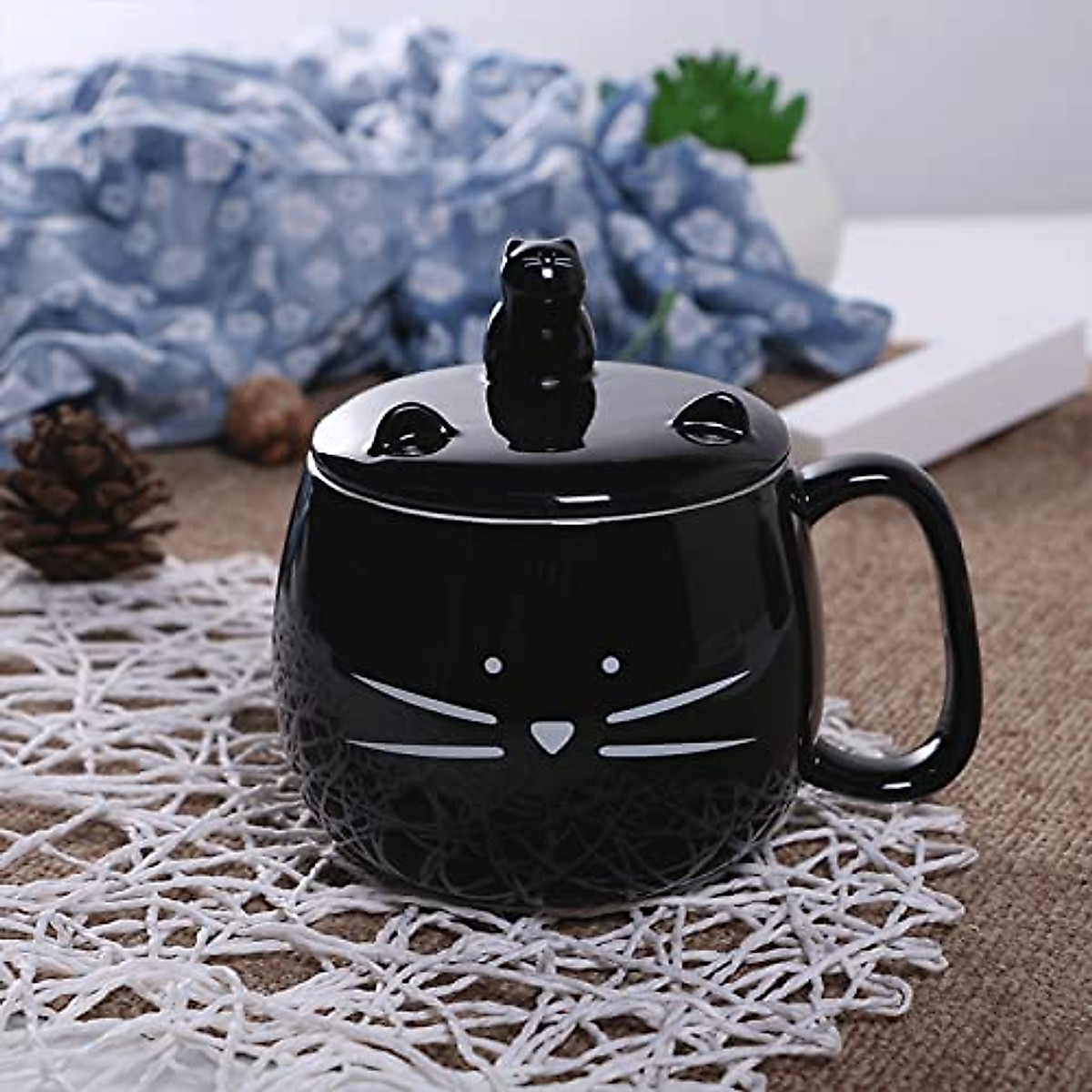 Koolkatkoo 16OZ Cute Cat Coffee Mug with Cell Phone Holder Lid for Cat Lover Unique Ceramic Black Mugs Tea Cup Gift for Women