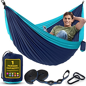 Durable Hammock 400 lb Capacity, Nylon Camping Hammock Chair - Double or Single Sizes w/Tree Straps and Attached Carry Bag - Portable for Travel/Backpacking/Beach/Backyard (Medium, Blue & Light Blue)