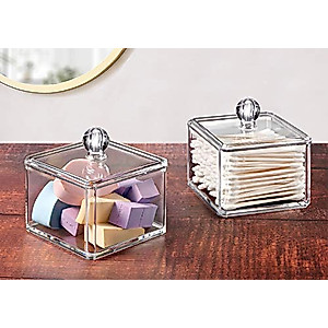 Modern Square Qtip Holder Acrylic Bathroom Vanity Countertop Storage Organizer Canister Jar for Cotton Swabs, Rounds, Balls, Makeup Sponges, Bath Salts - 2 Pack - Clear