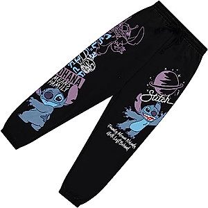 Disney Ladies Lilo and Stitch Joggers - Lilo and Stitch Varsity Athletic Jogger Sweatpants Lilo and Stitch Multi Print Sweatpants (Black, Large)