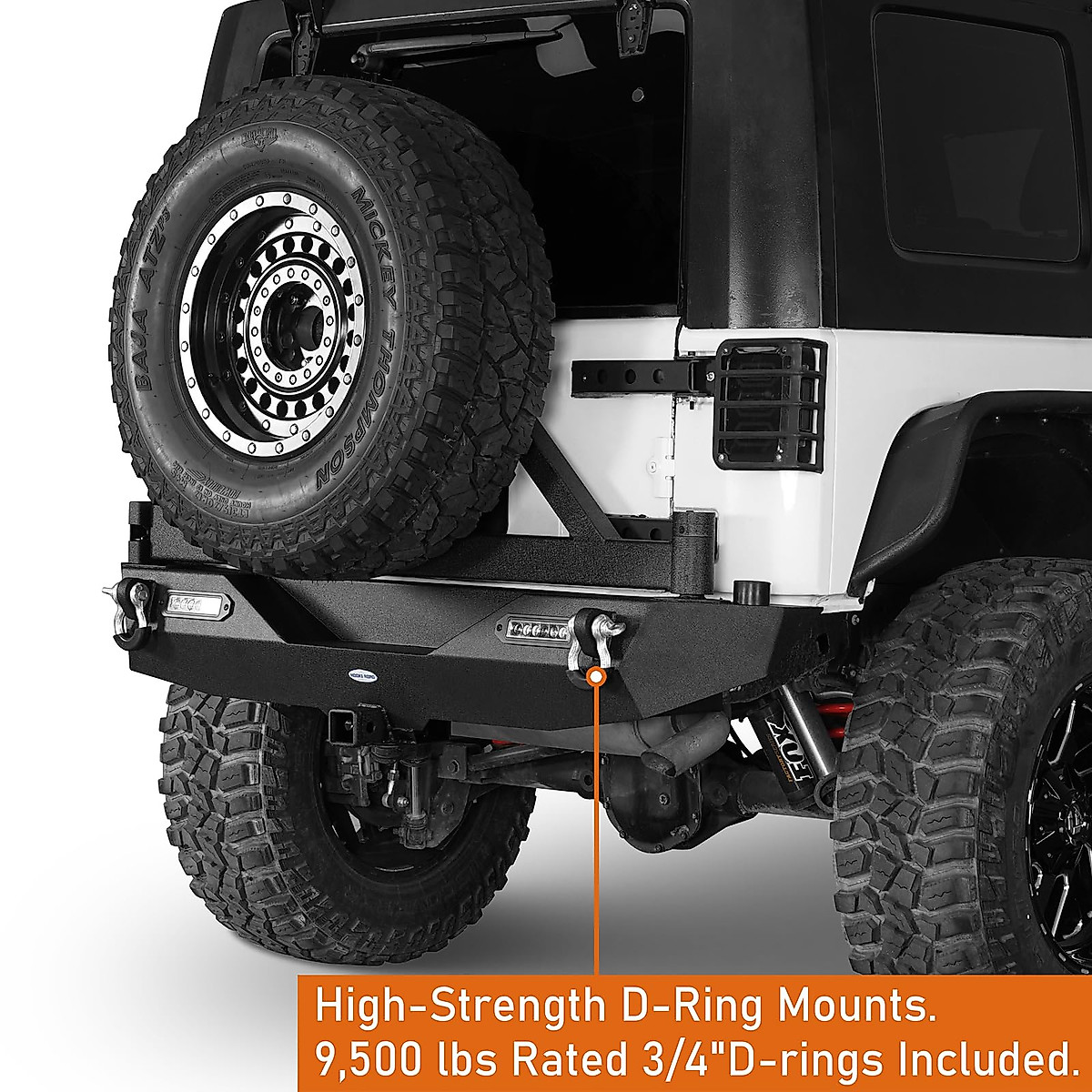 u-Box Wrangler JK Rear Bumper w/Spare Tire Carrier & Receiver Hitch & 2X LED Floodlights for Jeep Wrangler JK & JKU 2007-2018 - Different Trail