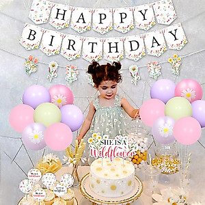 Fangleland She is A Wildflower Theme Birthday Decorations for Girls - Daisy Macaroon Pastel Balloons, Happy Birthday Banner, Cake Cupcake Toppers - Floral Baby Shower Party Decors Supplies