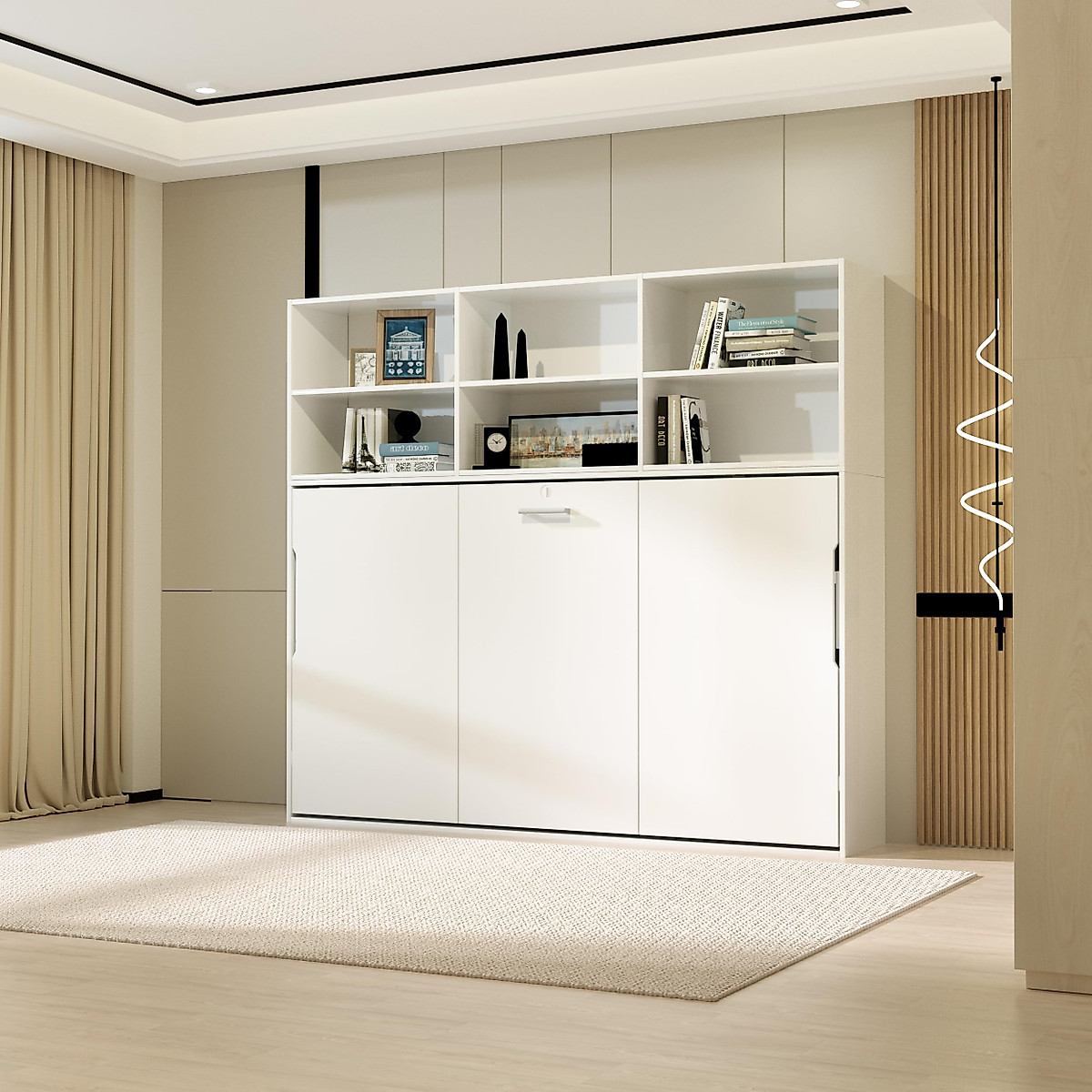 Eafurn Mordern Design Twin Size Horizontal Murphy Bed with Storage Shelves for Bedroom or Guestroom White Wall Bed Space Saving Hidden Bed Gas Struts