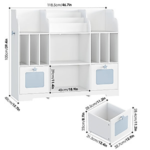 FOTOSOK Toy Storage Organizer, 46'' Toy Shelf, Bookshelf with White and Blue Bookcase & 2 Storage Cubbies Toy Box, Toy Storage Cabinet for Playroom, Bedroom, Classroom, Library