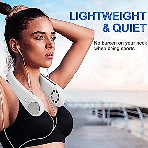 Portable Personal Bladeless Neck Fans, USB Rechargable Hanging Necklace Bladeless Fan, Hand Free Wearable Neck Fan Battery Operated Personal Fan 4 Speeds 360 Degree Free Rotation Air Cooling for Outdoor Activity (White)