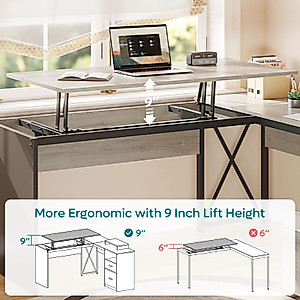 Bestier Lift Top L Shaped Desk with File Drawer, 55'' x 55'' Office Desk with Reversible Storage Drawers and Computer Monitor Stand (Retro Grey Oak Light)