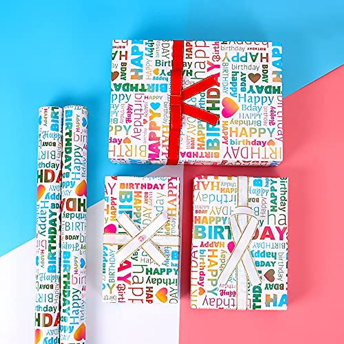 MAMUNU Happy Birthday Wrapping Paper for Kids Girls Boys Women Men, Gradient Light Color Happy Birthday Lettering Wrapping Paper Birthday, Gift Wrap Paper for Birthday Occasions, 6 Sheets, 17x30 Inch