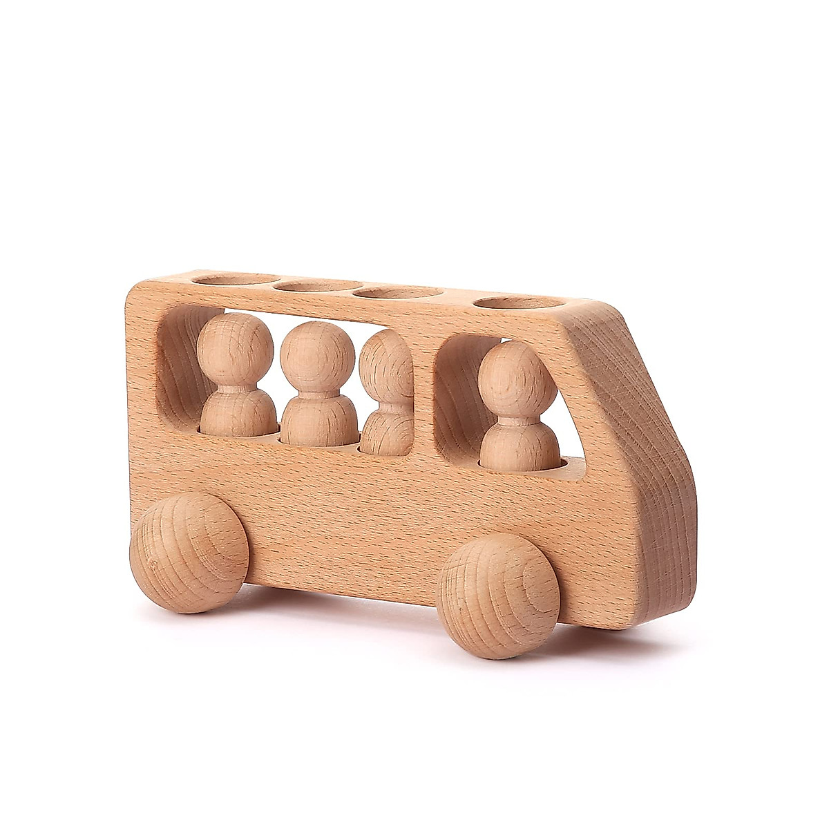 4 Wooden Figures in The Bus - Peg Dolls Unfinished Wooden Peg People Cars Wooden Figures Shape Preschool Learning Educational Toys Montessori Toys for Toddlers