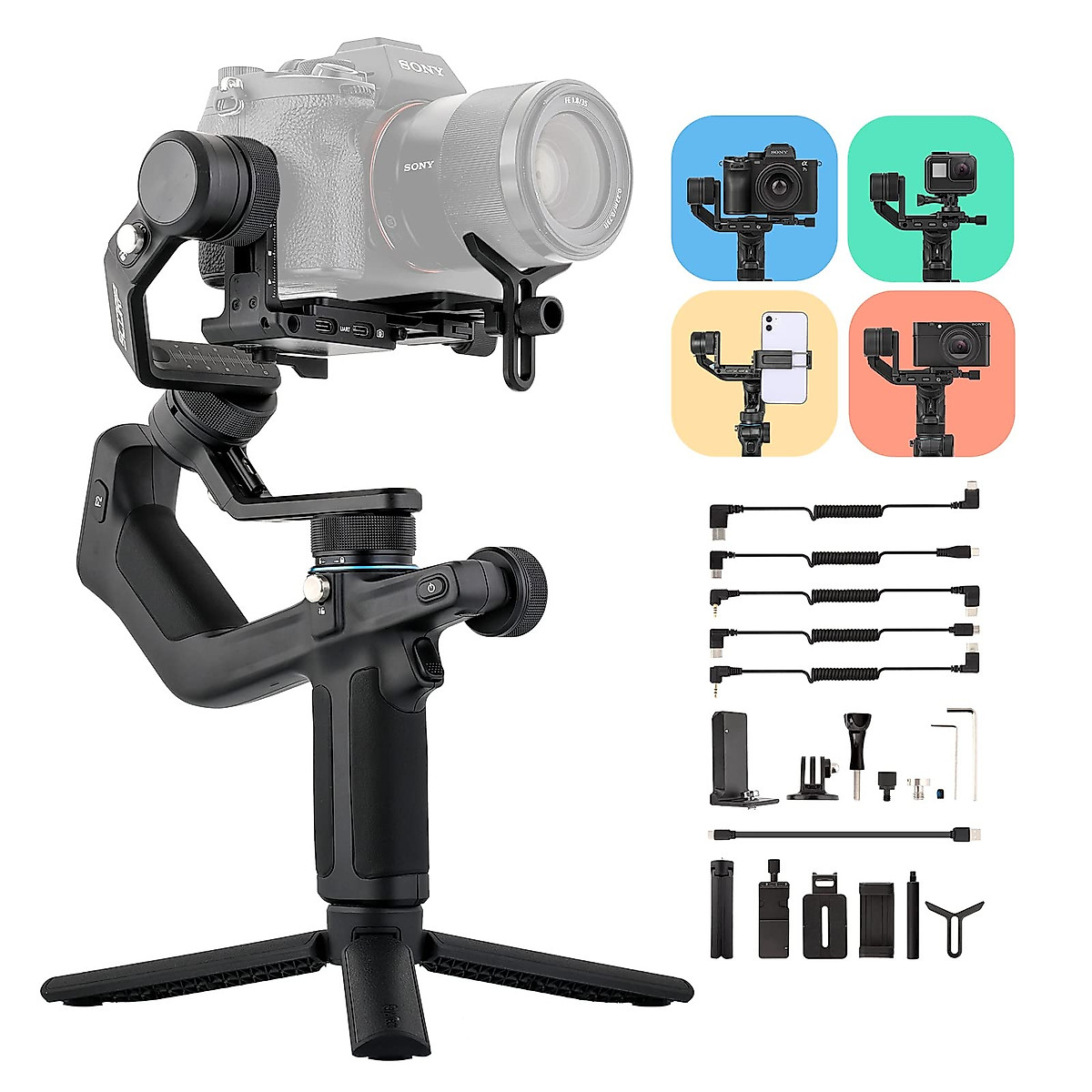 FeiyuTech Scorp Mini 3-Axis All in One Gimbal Stabilizer for Mirrorless Camera with Short Lens, Compact Cameras, Action Camera Gopro, 54-88mm Width iPhone 15 Pro, 1.3" Touch Screen, 2.6lbs Payload