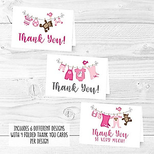 24 Pink Clothesline Baby Shower Thank You Cards With Envelopes, Girl Sprinkle Thank-You Note, 4x6 Gratitude Card Gift For Guest Pack, Gender Reveal DIY So Grateful Varied Onesie Event Stationery