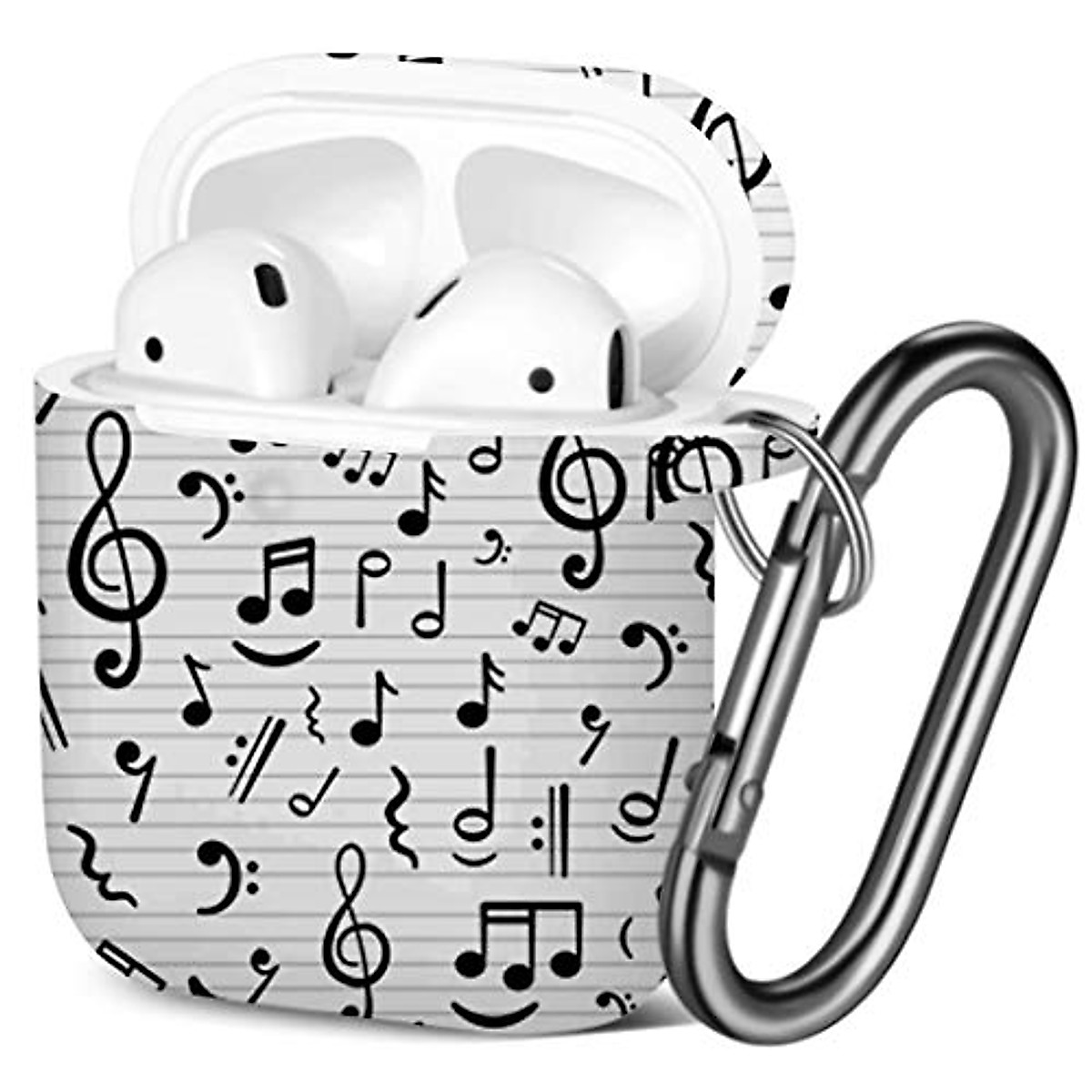 [ Compatible with AirPods 2 and 1 ] Shockproof Soft TPU Gel Case Cover with Keychain Carabiner for Apple AirPods (Music Notes)